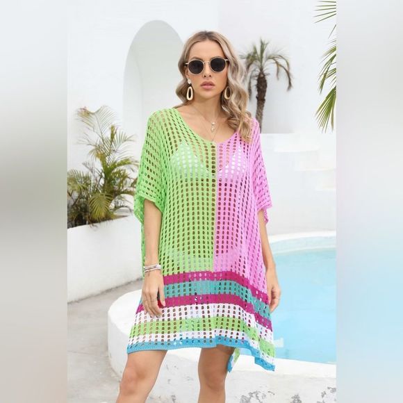 boutique | Swim | Lime Green Pink Contrastscoop Neck Openwork Half ...